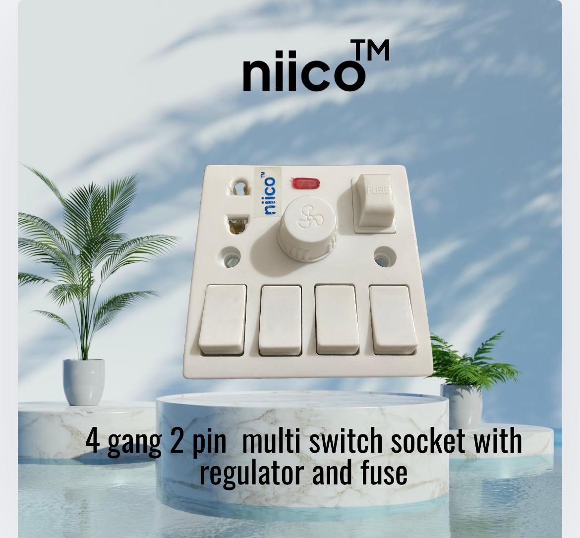 NIICO 4 Gang switch + Fan Regulator+ 2 Pin socket + Fuse Multifunction ...