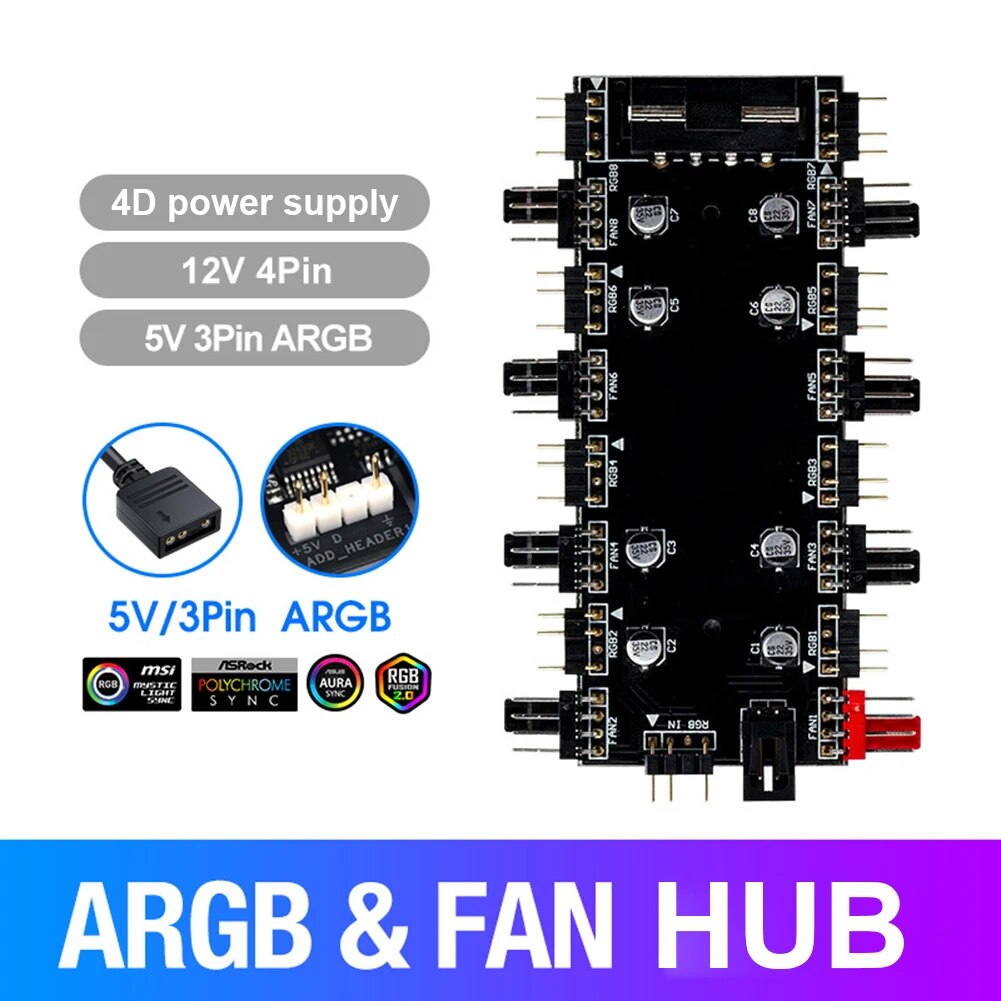 12V 4Pin RGB 5V 3 pin ARGB Cable Splitter Hub SATA/4D Powered Extension ...