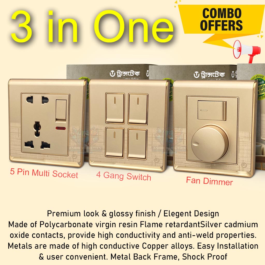 3 In One Transtec GOLD SERIES- Combo Offer- Fan Dimer, Multi Socket, 4 ...