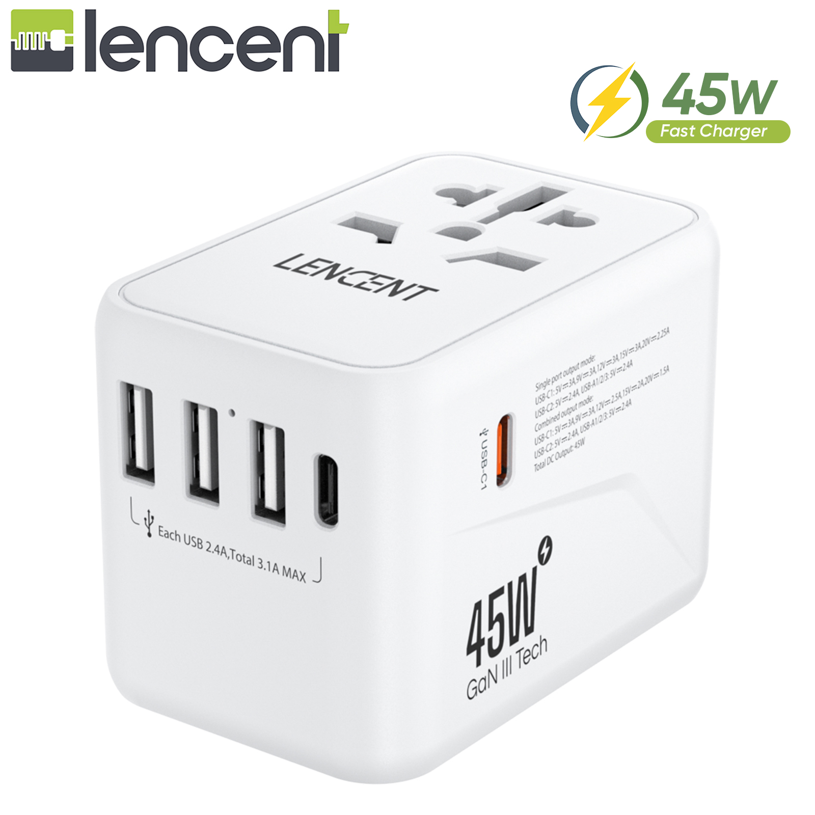 LENCENT GaN III 45W PD Fast Charging Universal Travel Adapter ...