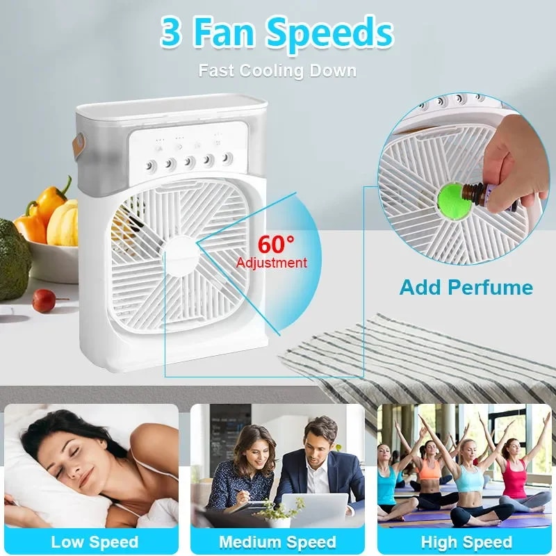 Air Cooler Fan 3 in 1 Mini Portable Fan Humidifier with 7 Colors LED ...