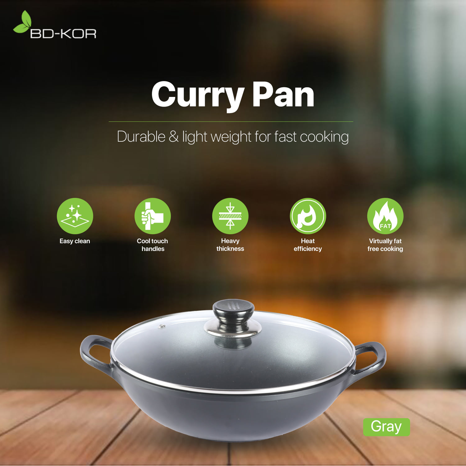 BD-KOR CURRY PAN 28CM Non-Stick Premium Marble Coating with Glass Lid ...