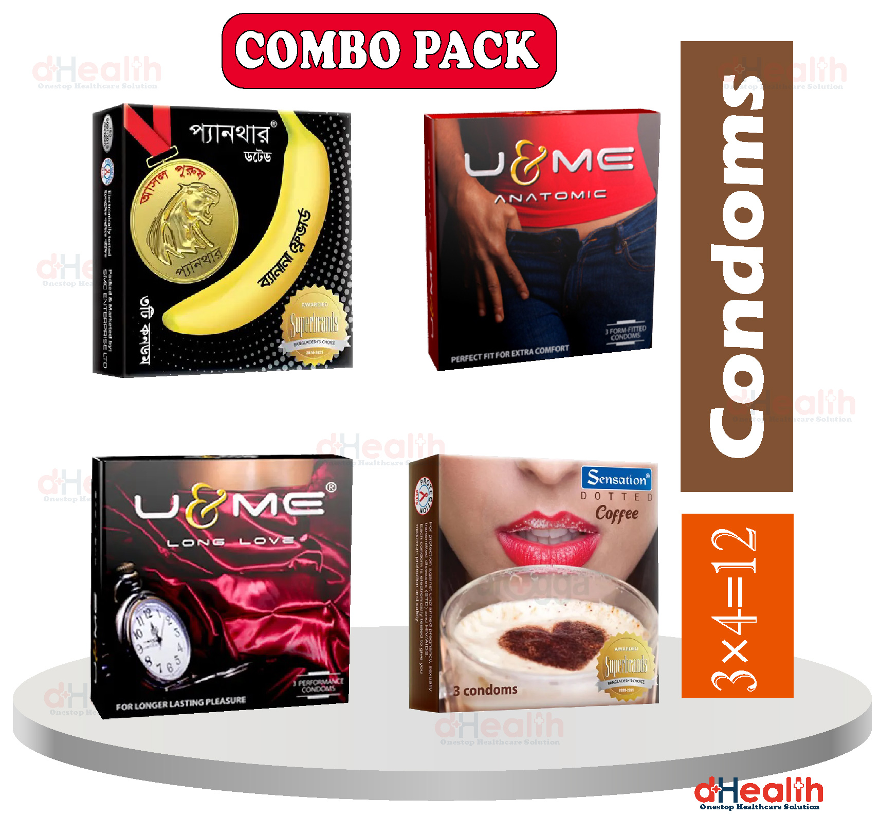 Sensation Dotted Coffee+Panther Banana+U&Me(Anatomic & Long Love) Condoms 4,s Combo Pack (3x4=12 ...