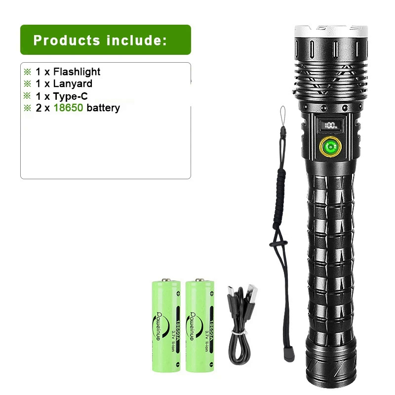 2024 First Model High power LED flashlight Use 2*26650 battery Type-C ...