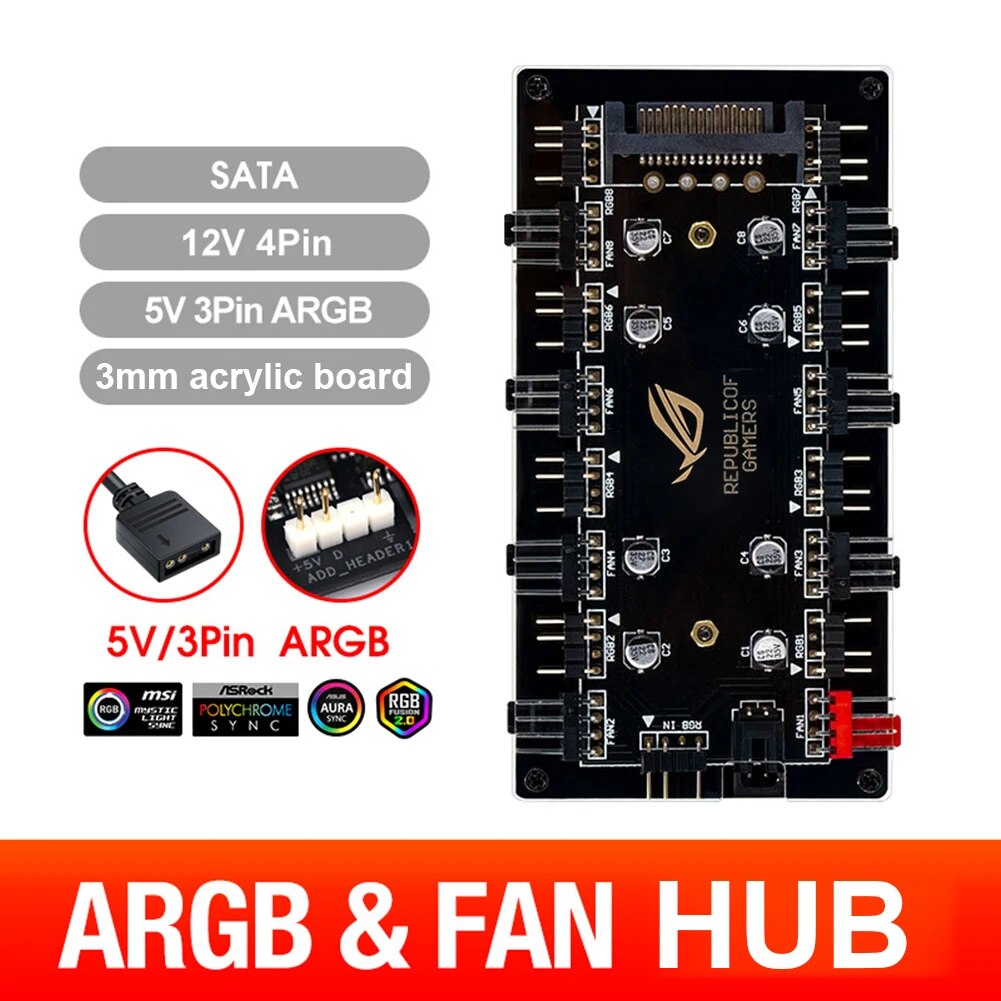12V 4Pin RGB 5V 3 pin ARGB Cable Splitter Hub SATA/4D Powered Extension ...