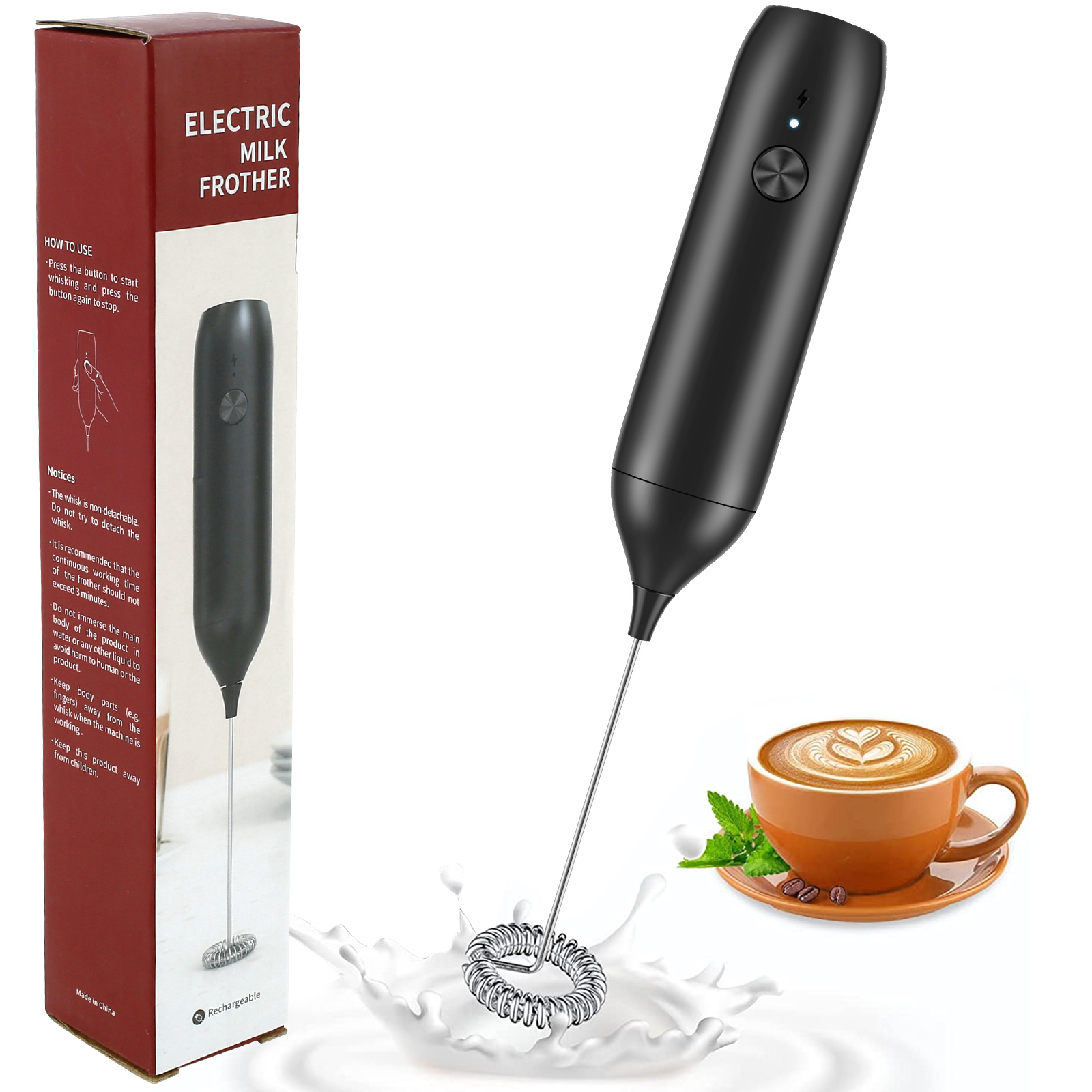 Handheld Milk Frother Electric Coffee Frother 500mAh USB-C Rechargeable ...