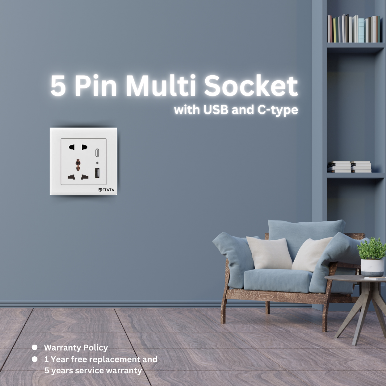 USB 5-Pin Wall Socket with Type-C port for Mobile Charging | 5-Pin ...