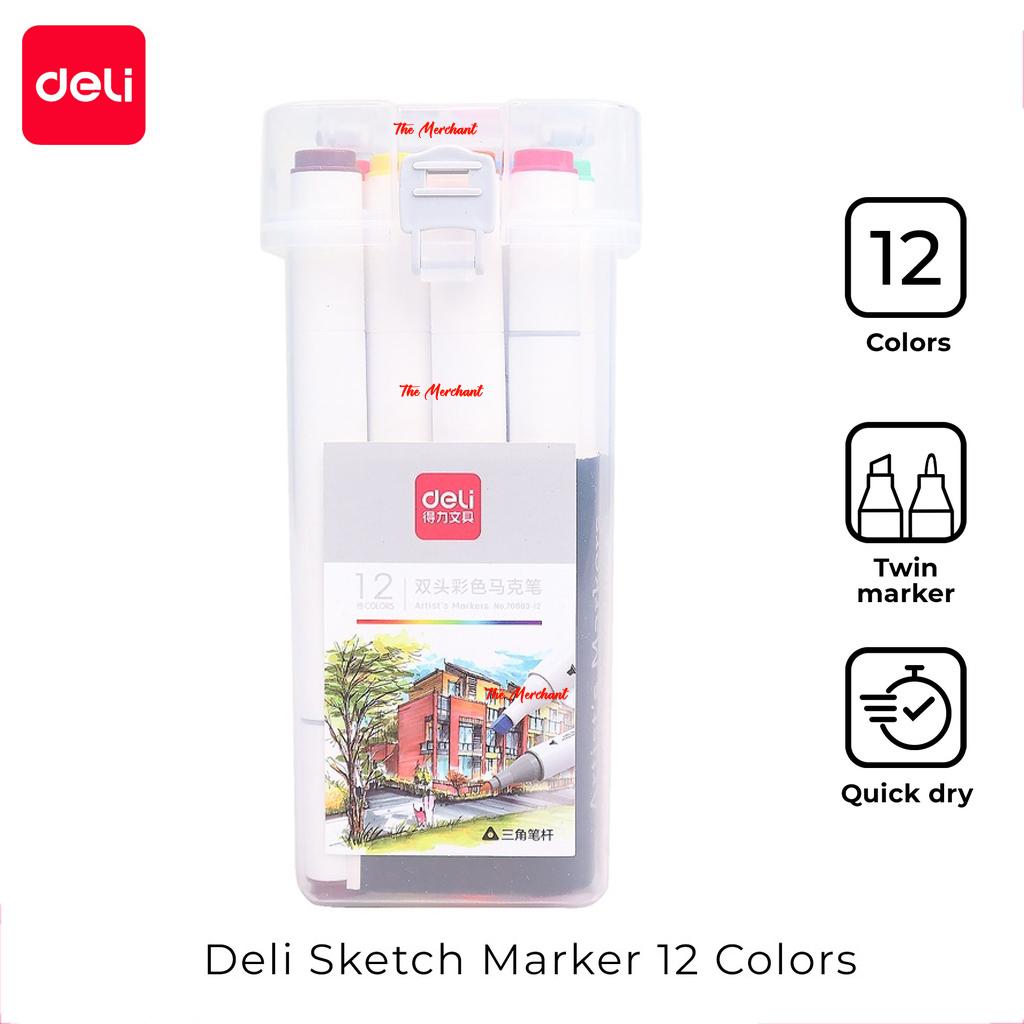 Deli E70803-12 Instant Dry Dual Tip Art Markers, Colored Artist Pens ...