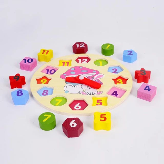 New Kids Wooden Shape Color Clock Teaching Time Sorting Number Blocks ...