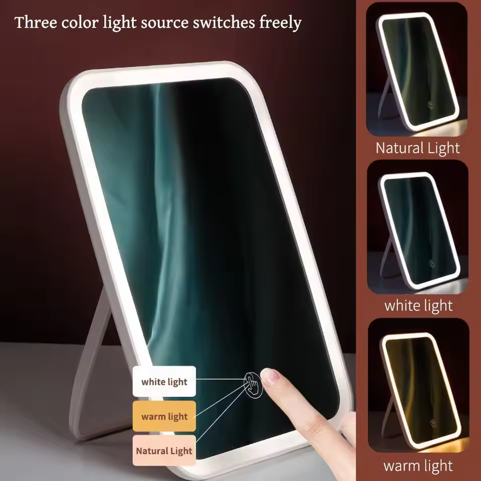 LED 3-Color Light Foldable Makeup Mirror (20 CM) for Women Touch Sensor ...