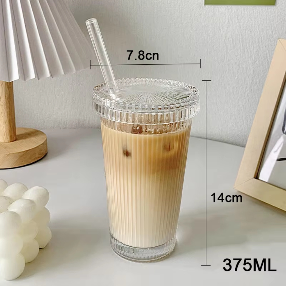 375Ml Stripe Glass Cup with Lid Straw Japanese Style Drinking Chic Mugs ...