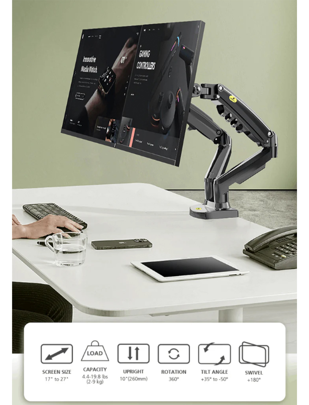 Micropack DM-02 17-27 inch Monitor Dual Arm Desk Mount Stand and Dual ...