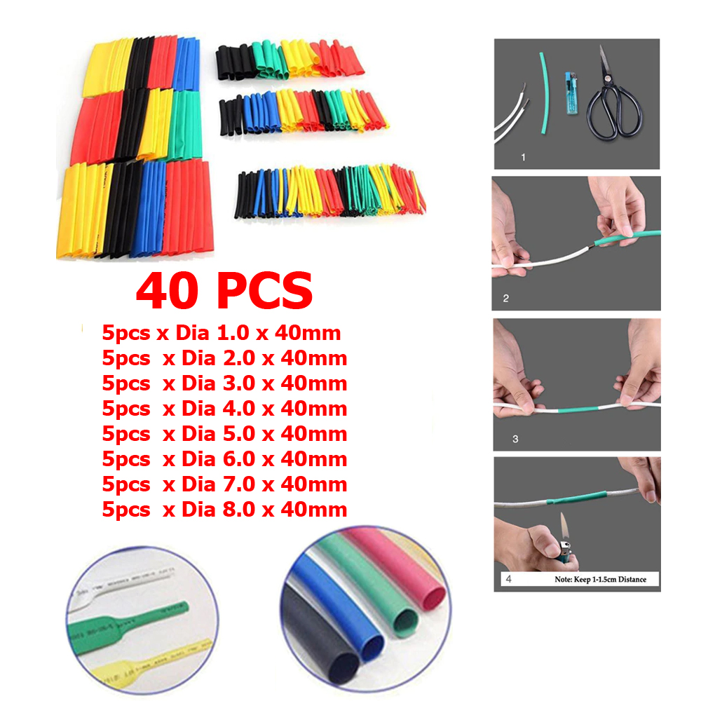 40PCS Heat Shrink Tubing Wire Wrap Cable Sleeve Assortment 2:1 Electric ...
