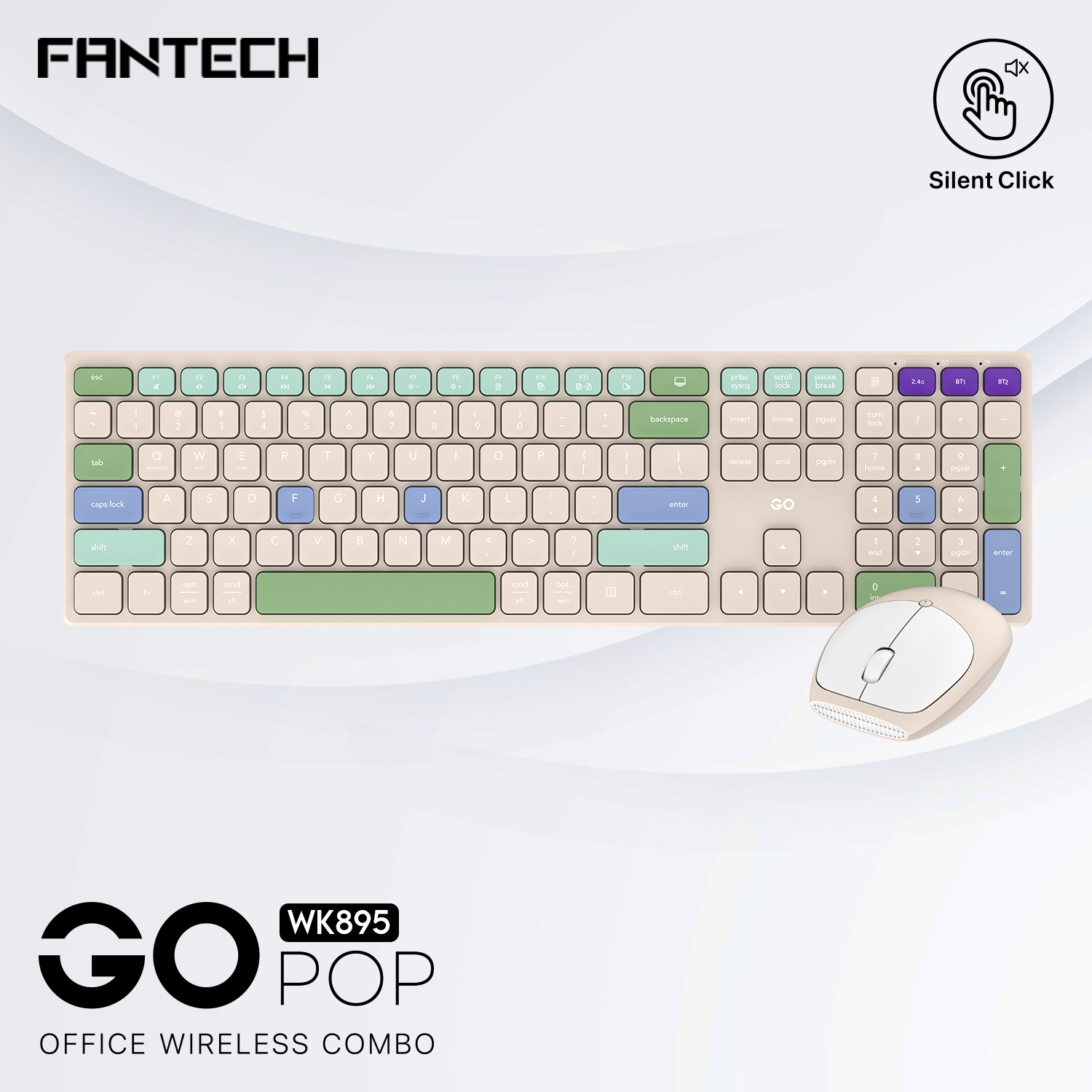 FANTECH WK895 Go Pop Wireless Multimedia Office Keyboard And Mouse Combo With Silent Click ...