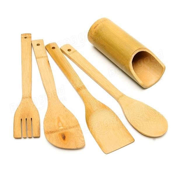 Natural Bamboo Cooking Spoon Set with Stand | Daraz.com.bd