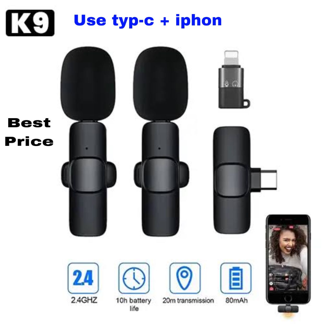 Best Selling Wireless Microphone K9 Duel Mic For Type C And IOs NOise ...