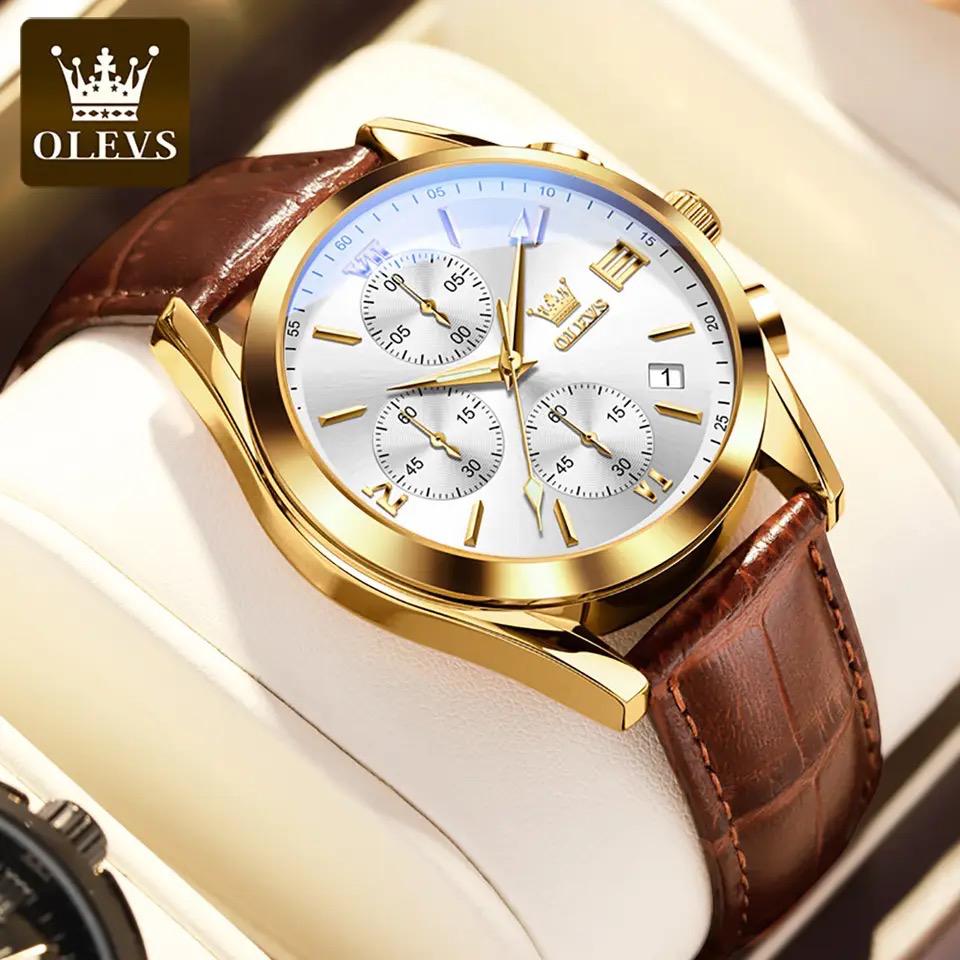 olvs leather waterproof quartz fashion watch for men | Daraz.com.bd