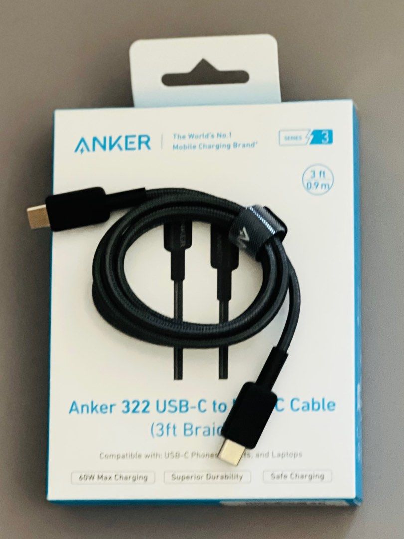 Anker 322 USB-C To USB-C Cable 3ft 60W Nylon Braided Cable Safe charging multicolour