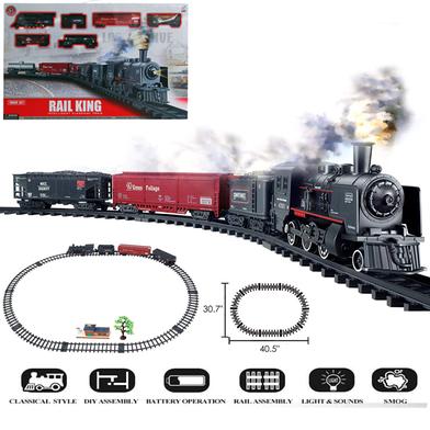 Rail King Train Set Toy with Smoke, Light, Locomotive, Cargo Car, and ...