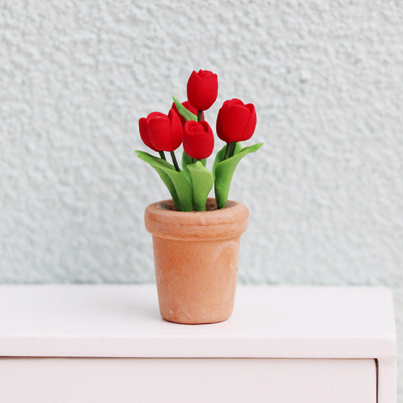 1:12 Dollhouse Miniature Red Tulip Potted Plant Pot Flower Home Garden ...