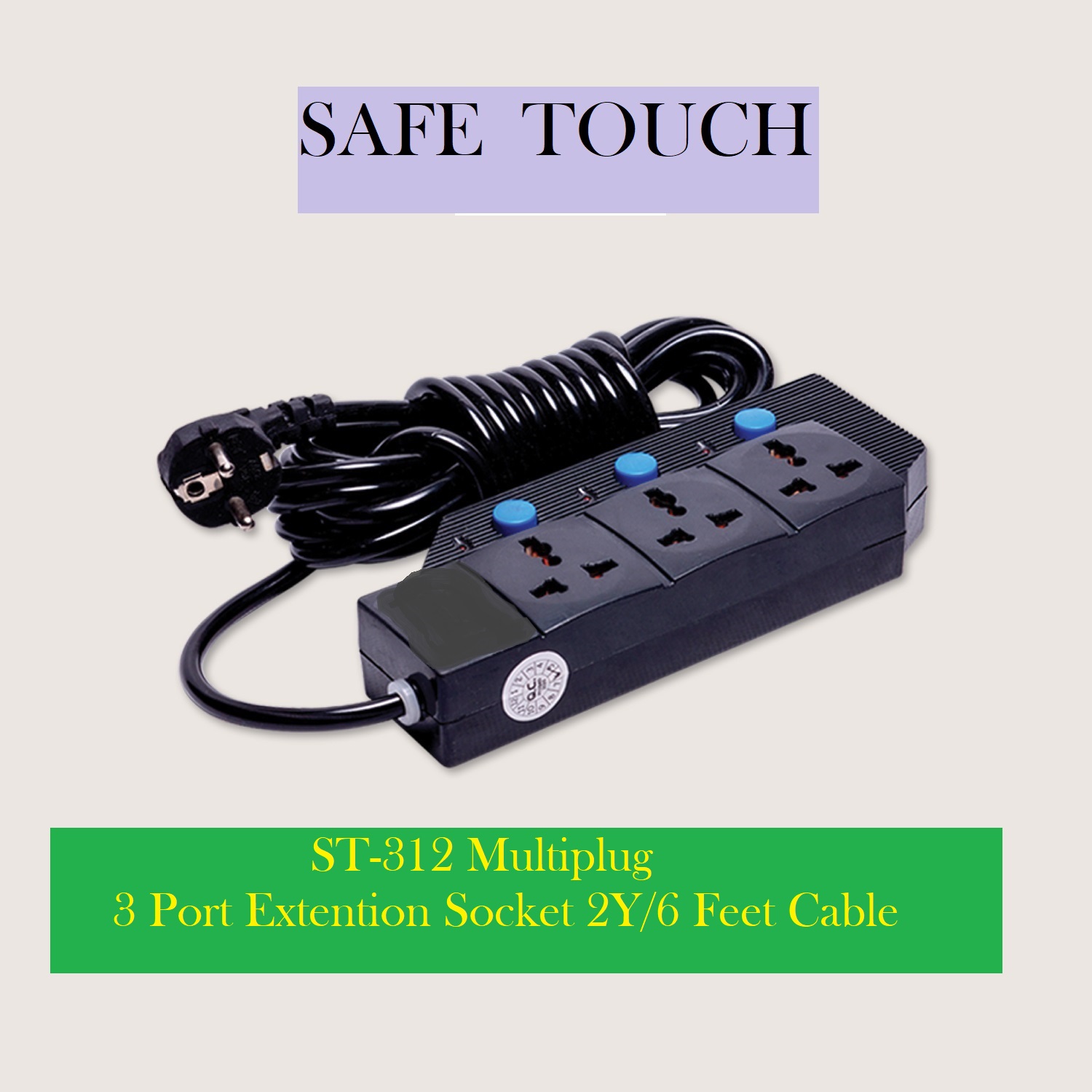 SAFE TOUCH ST-312 Multiplug 3 Port Extention Socket 2Y/6 Feet Cable ...