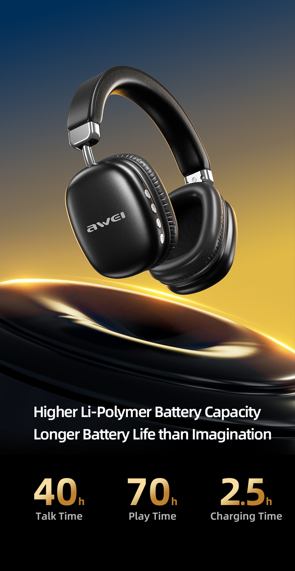 Awei AT7 Headphone 70 hours Play Time Bluetooth 5.4 Wireless Over The ...