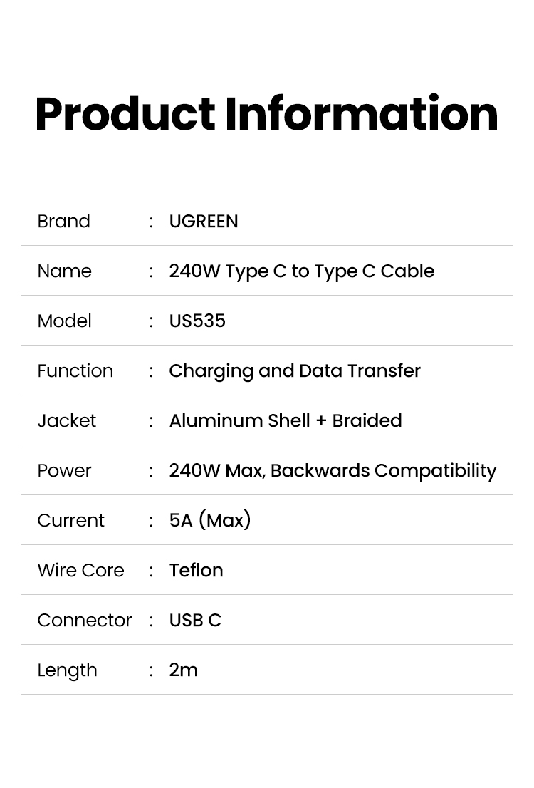 UGREEN US535 (15311) USB-C to USB-C 240W PD Fast Charging Cable - 1m - 240Watt USB C Cable ...
