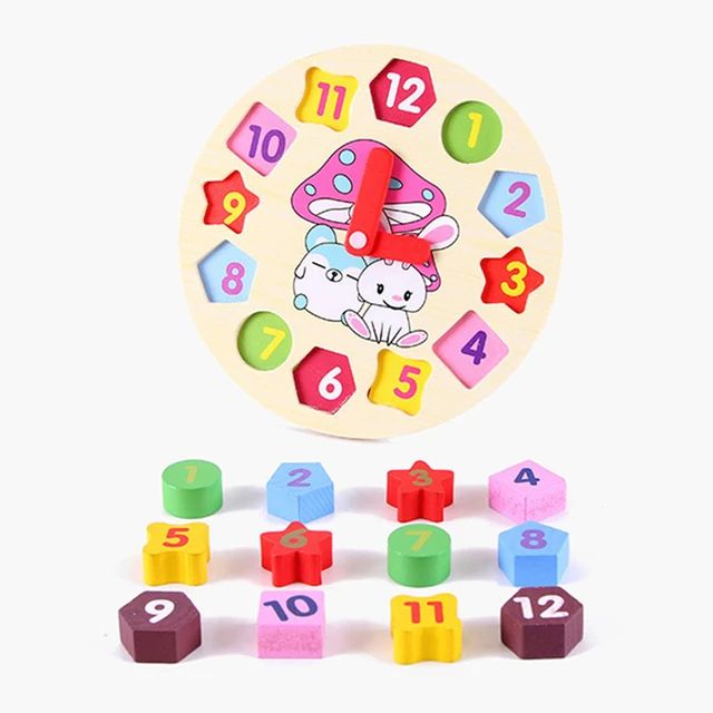 New Kids Wooden Shape Color Clock Teaching Time Sorting Number Blocks ...