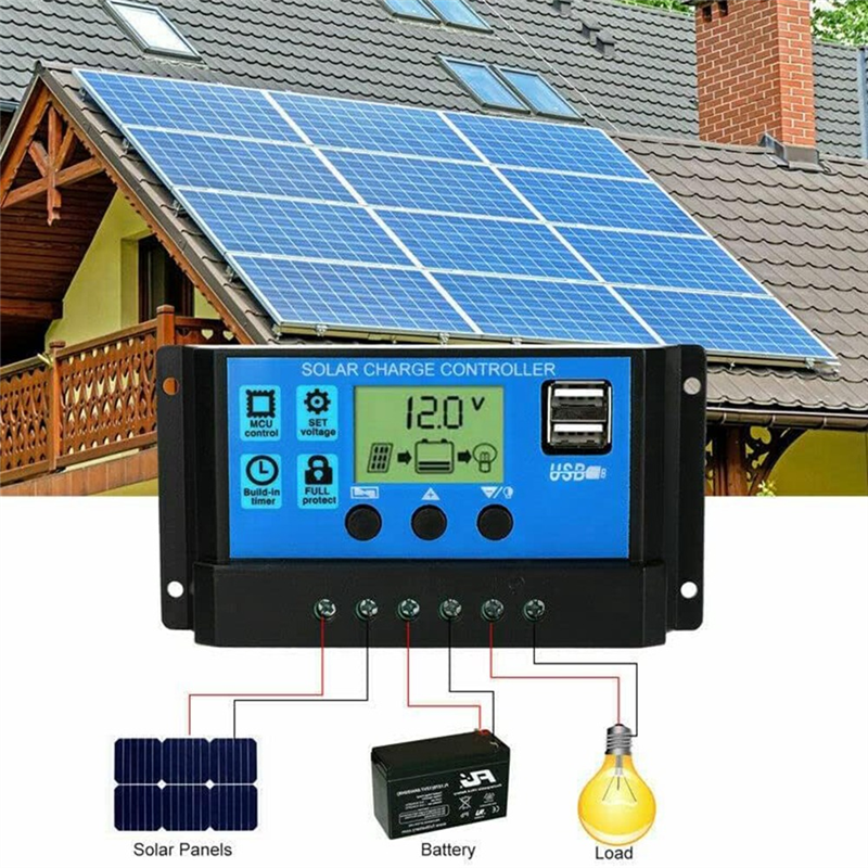 100A Solar Charge Controller Solar Panel Battery Intelligent Regulator with Dual USB Port, LCD ...