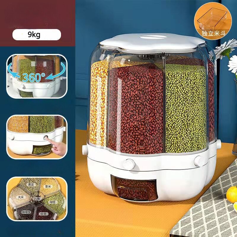 6-Grid Rotating Cereal Dispenser Large Kitchen Separate Bucket ...