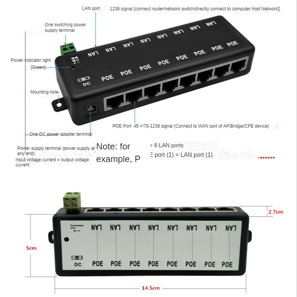 POE Injector 8 Ports PoE Power Adapter Ethernet Power Supply for CCTV ...
