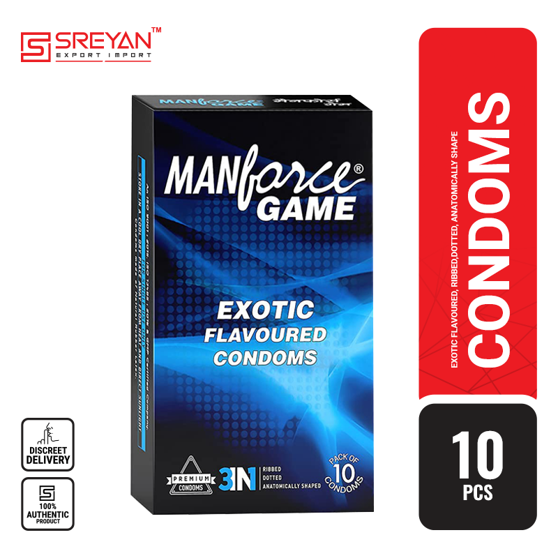 Manforce Game Exotic Flavoured 3In1 Ribbed, Dotted & Anatomically Premium Condom - 10pcs Pack ...