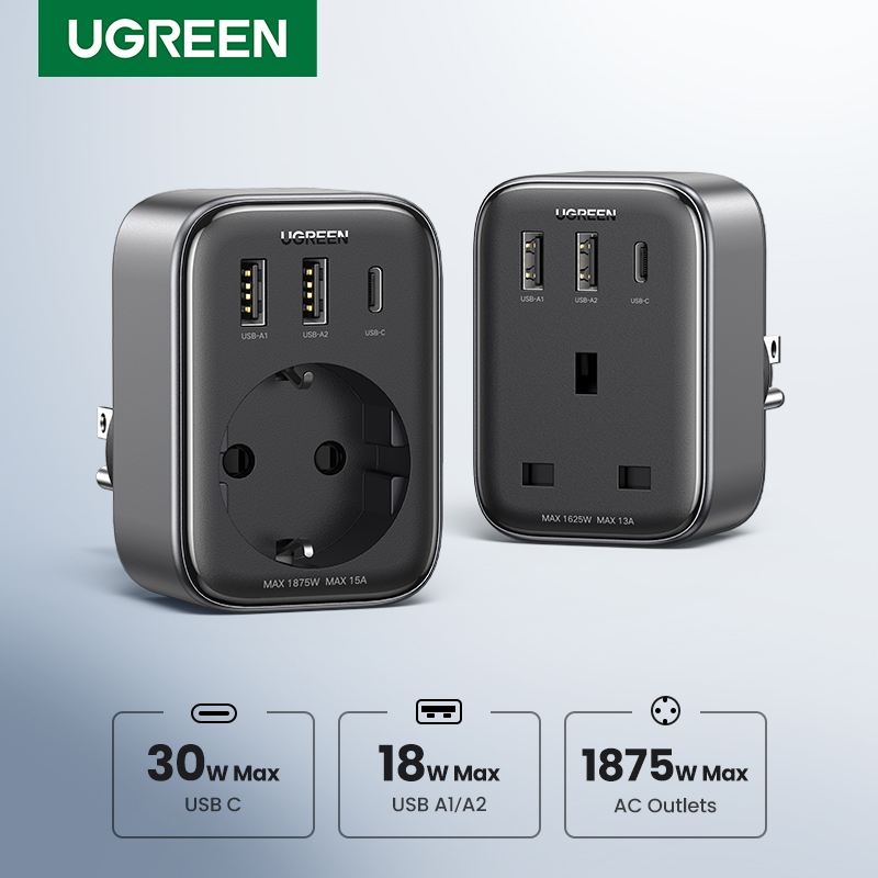 UGREEN PD 30W GaN Fast Charger AC Outlets Adapter 2 USB 1 USB-C Port ...