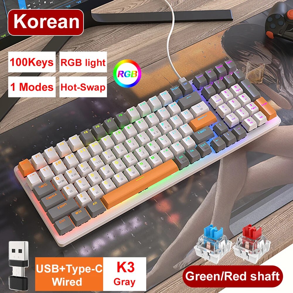 K96 2.4G/BT5.0 Wireless Gaming Mechanical Keyboard 100 Key Red/Green ...