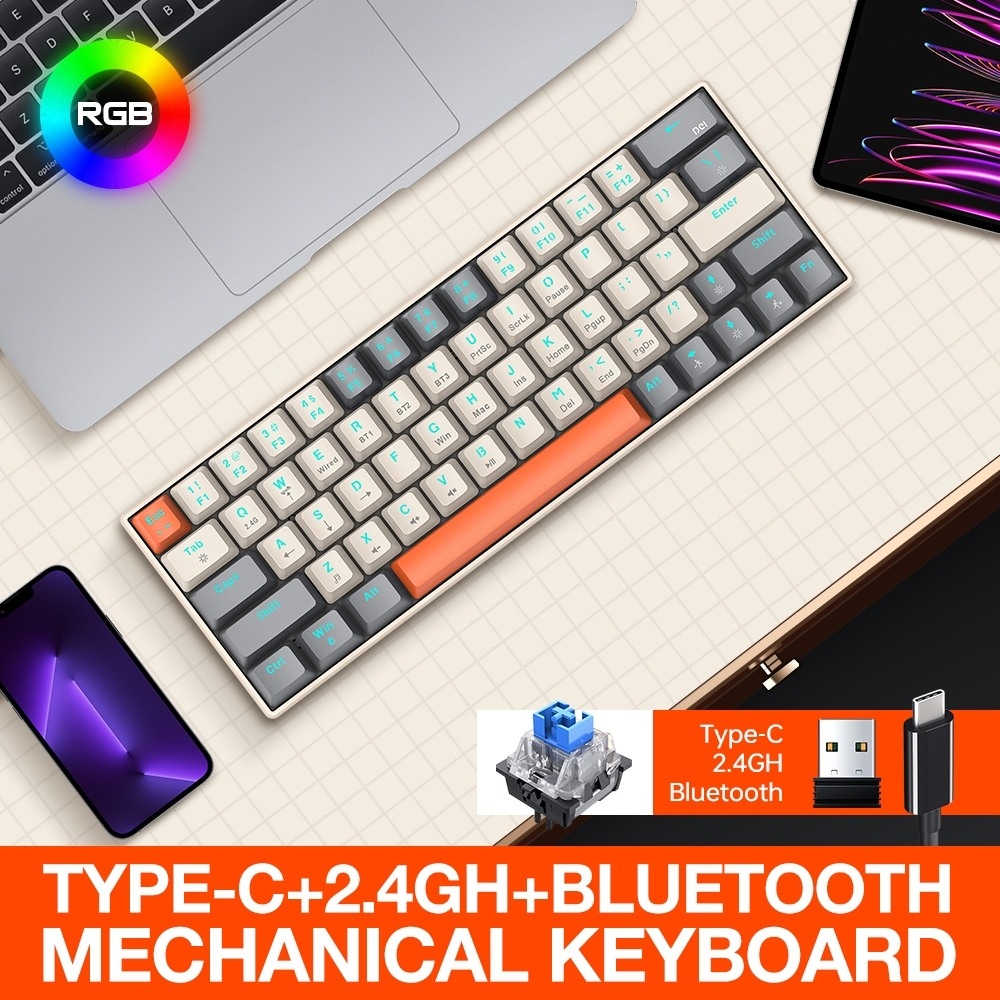 T-WOLF T30 Mechanical Keyboard TRI-Mode RGB Gaming Keyboard 63 Keys ...