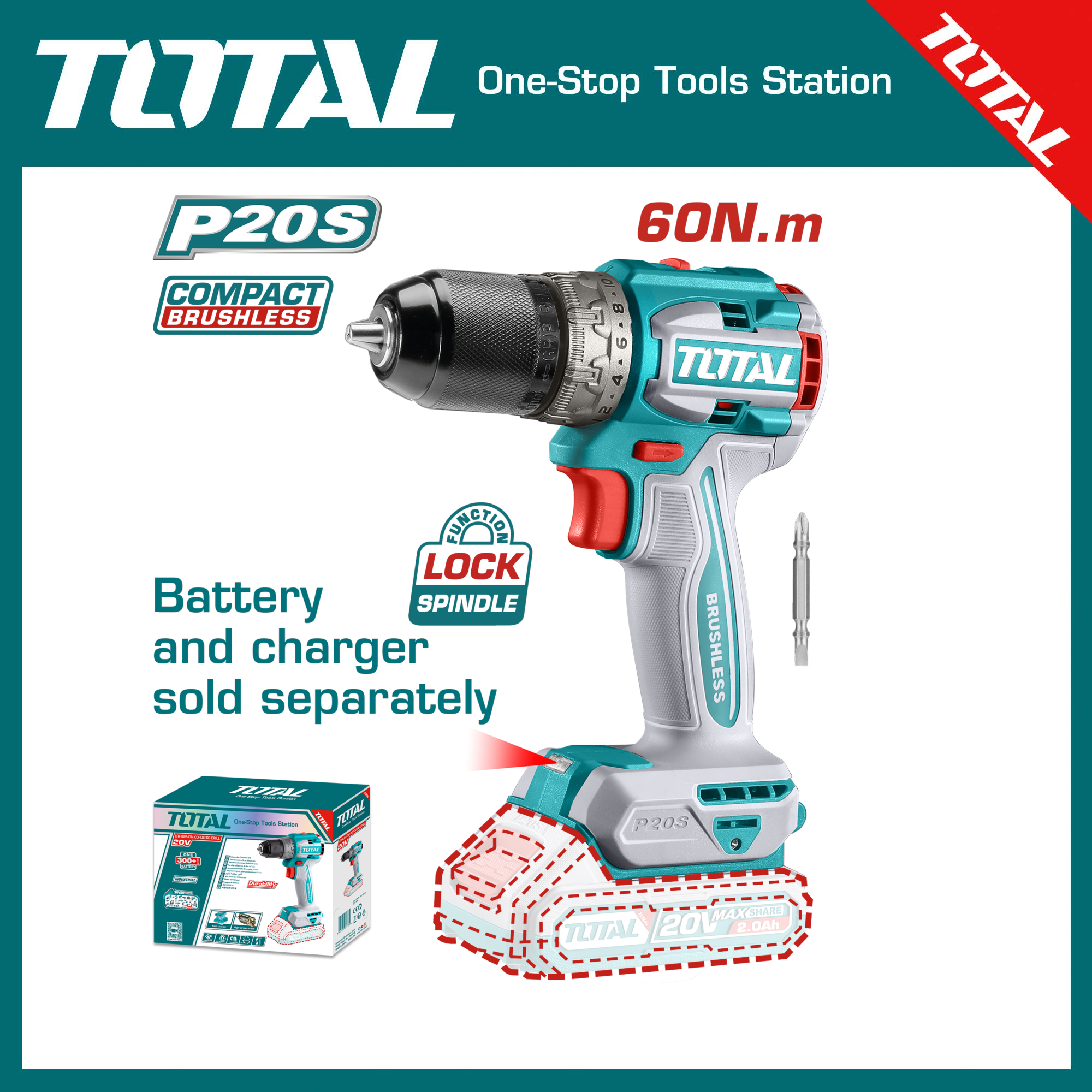 TOTAL TDLI206021 Lithium-Ion compact brushless cordless drill(No ...