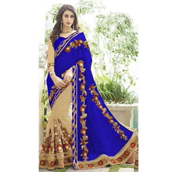 Royal Blue and Moccasin Georgette Saree 71 B | Daraz.com.bd