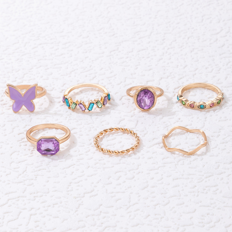 7 Pieces/1 Set Purple Crystal Butterfly Ring Set for Women Punk Retro ...