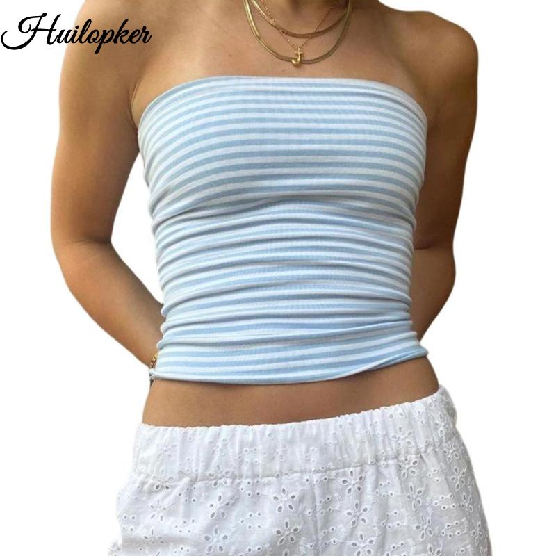 hu Women's Strapless Tube Top Summer Sleeveless Striped Bandeau Tops ...
