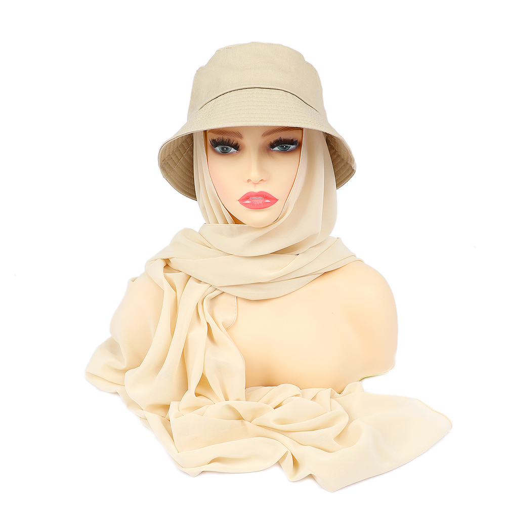 New Muslim Women Bucket Hat With Chiffon Hijabs Summer Sports Cap With ...