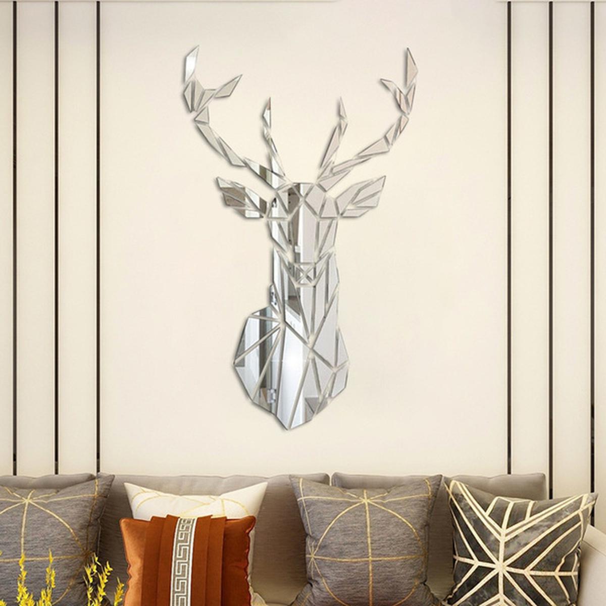 1 Set Deer Head 3D Mirror Wall Sticker Acrylic Mirror Sticker Mural ...