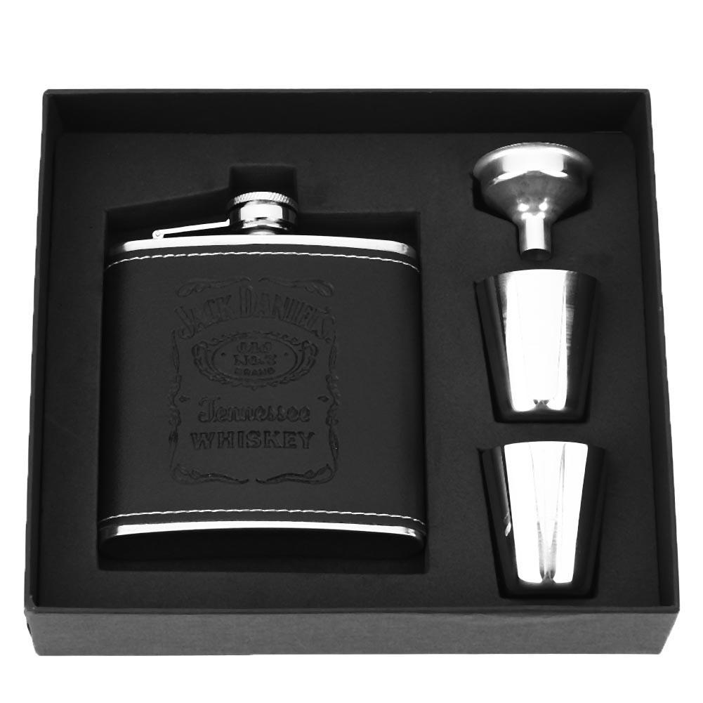 Stainless Steel Leather Whiskey Flagon Bottle Hip Flask Set with Cups ...