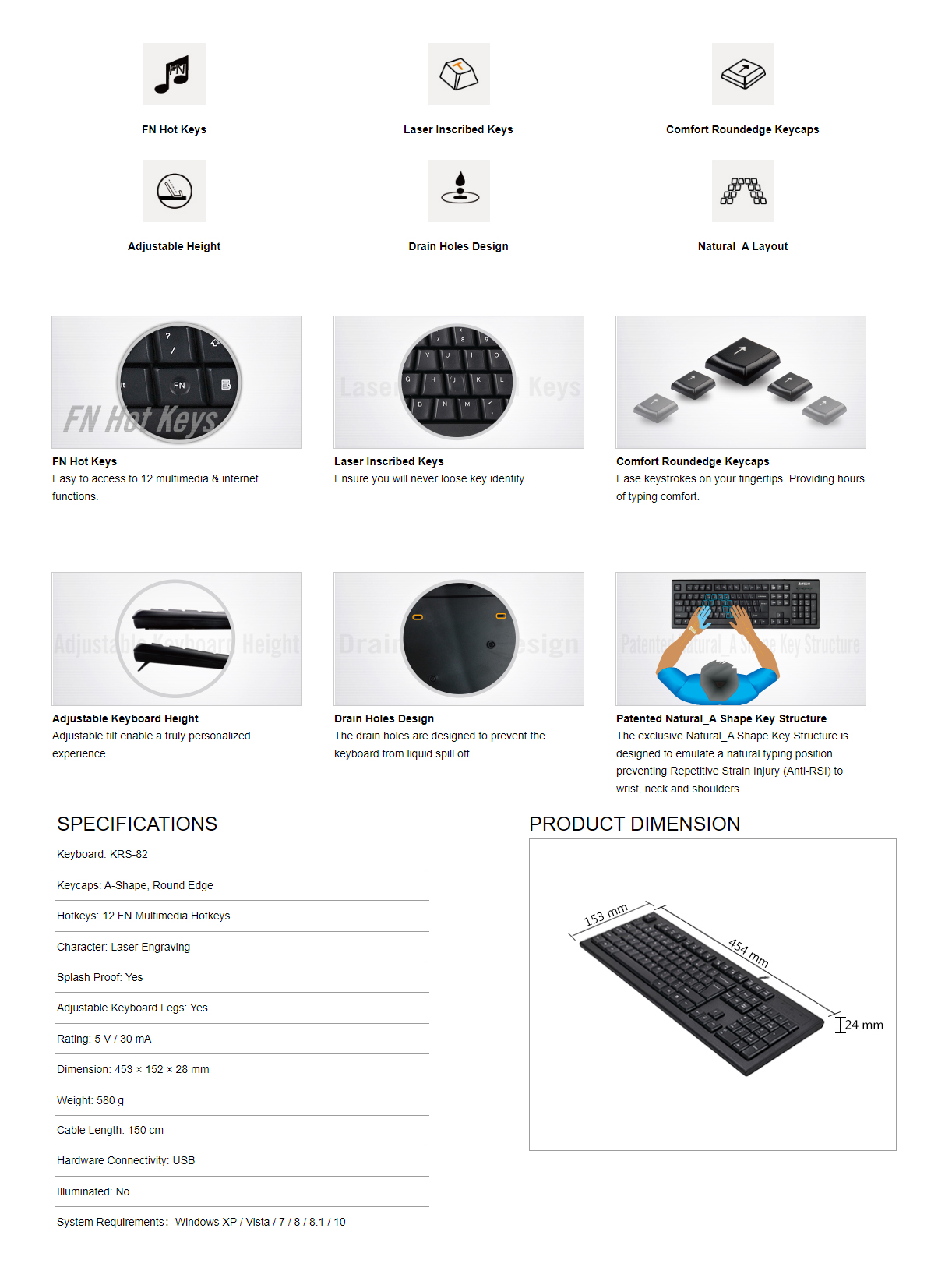 A4tech KRS-82 USB Wired Keyboard - Bangla Layout - FN Multimedia Key ...