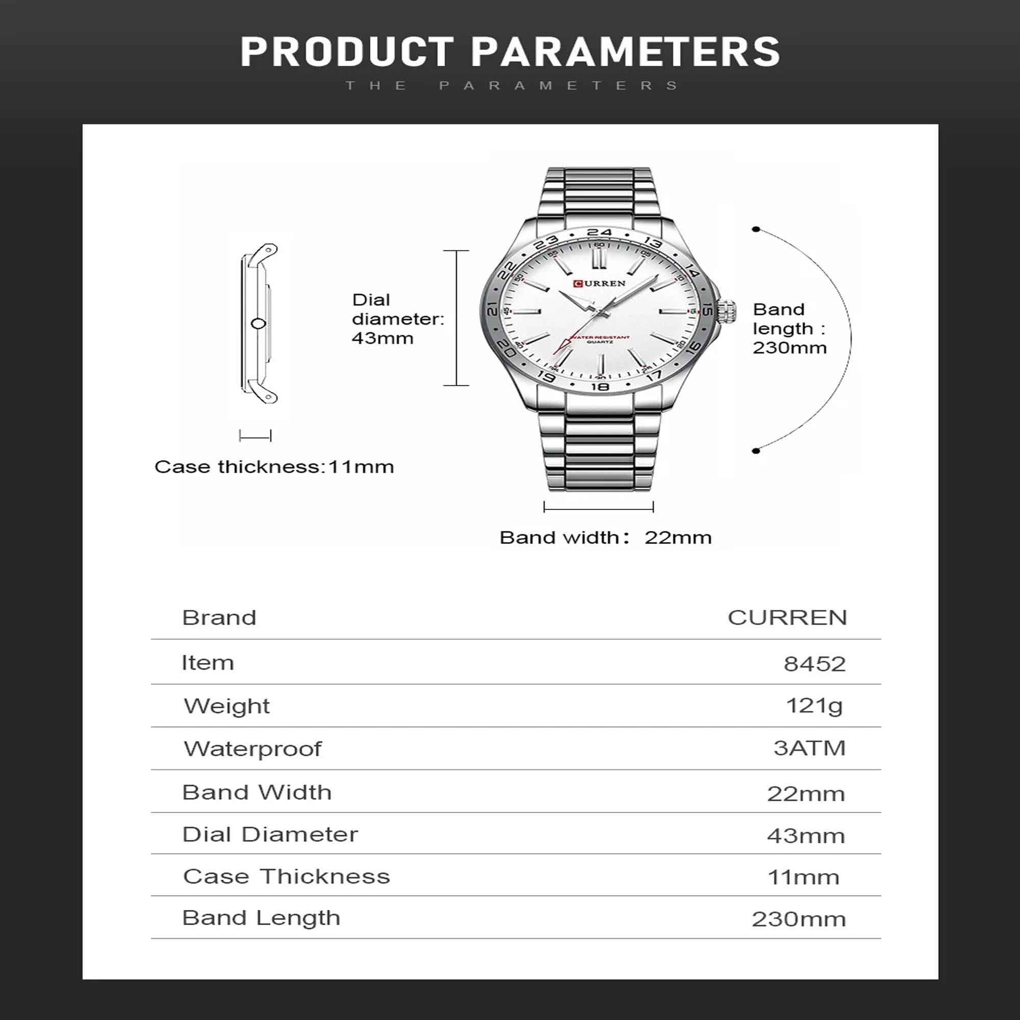 CURREN 8452 Luminous Stainless Steel Quartz Fashion Watch For Men ...