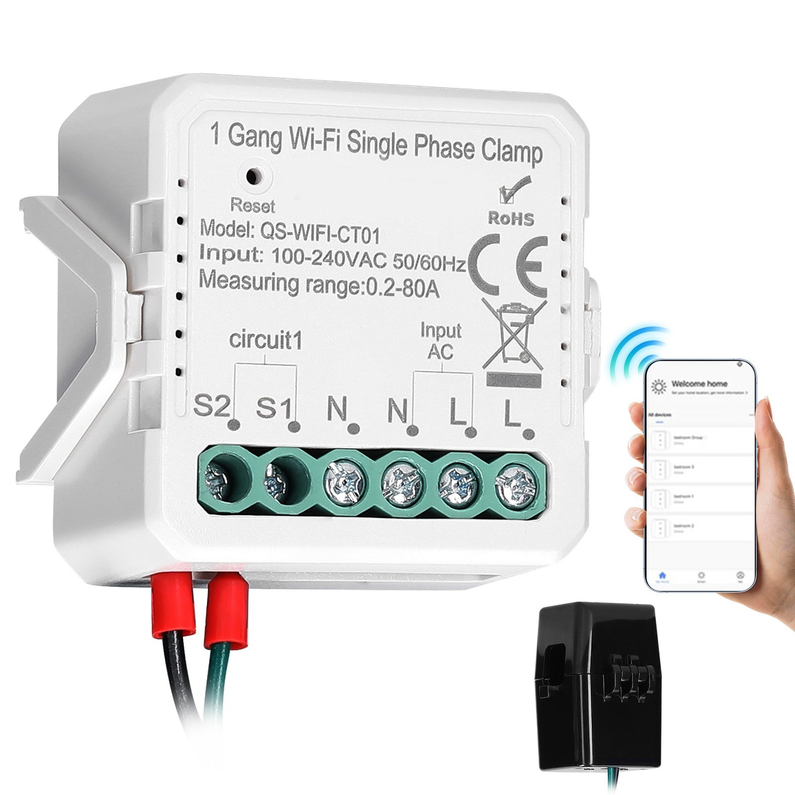 Tuya WiFi 2 Gang 80A Single Phase Clamp Solar PV Bidirectional Two Way ...