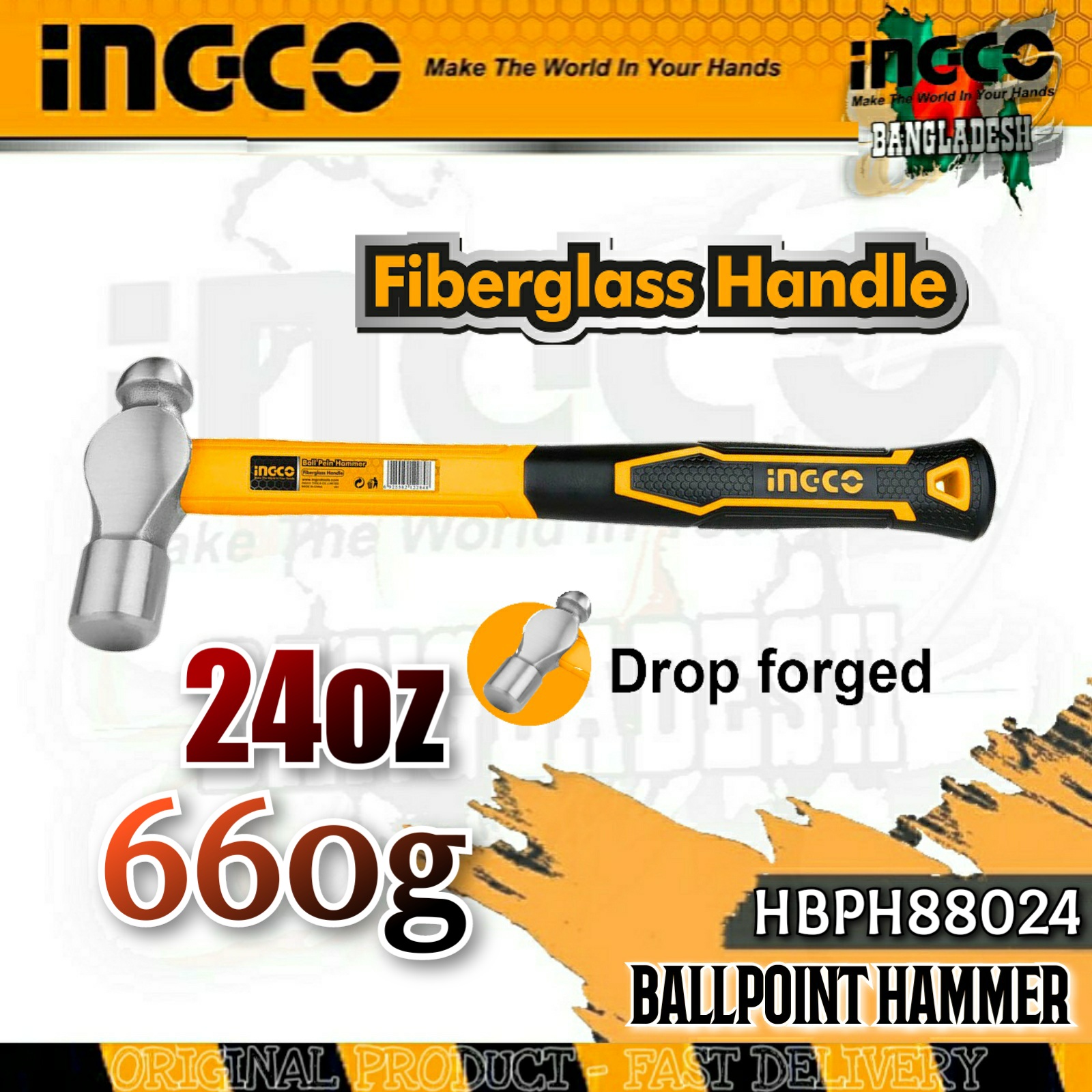 INGCO 24oz Ball pein hammer Unique design fiberglass handle HBPH88024 ...