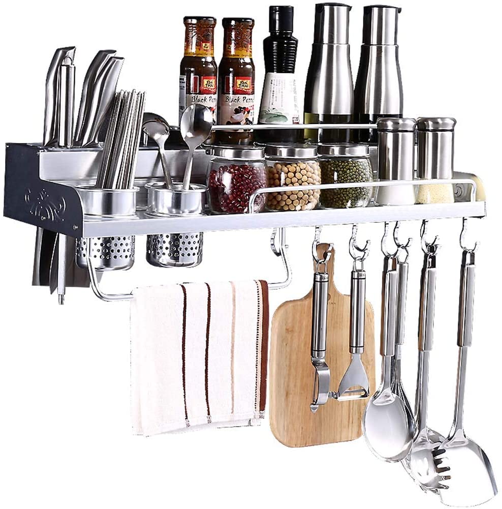 Wall Mounted Kitchen Hanging Rack Shelf Aluminum Spice Rack with Hook ...