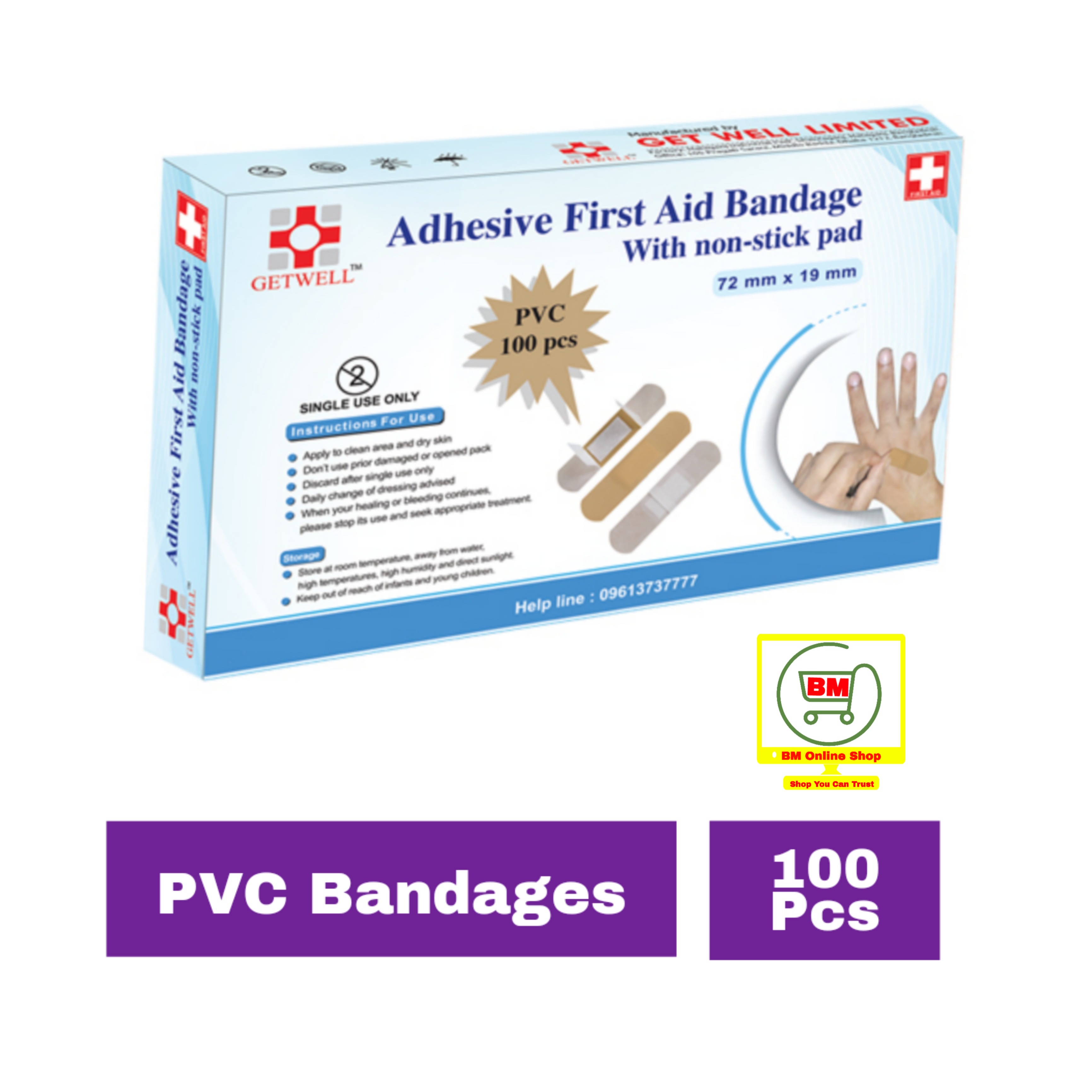 100 Pcs Getwell First Aid Strip Tape One Time PVC/PE Bandages | Daraz ...