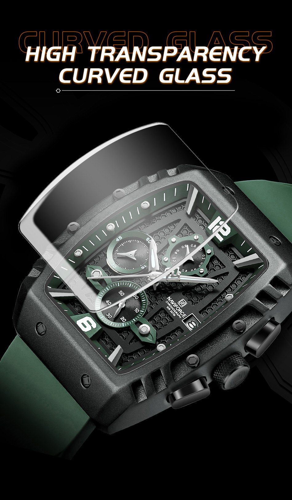 NAVIFORCE 8025 Square Silicone Quartz Wristwatch for Man Chronograph ...