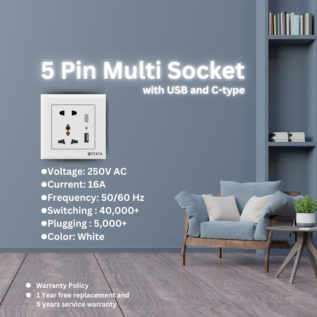 USB 5-Pin Wall Socket with Type-C port for Mobile Charging | 5-Pin ...